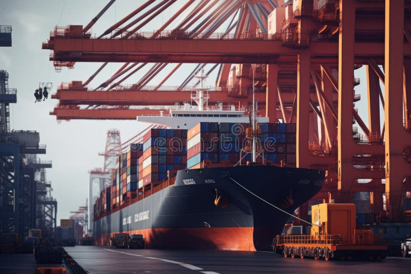 View from the Ground To a Huge Port Crane Loading Container Ship ...