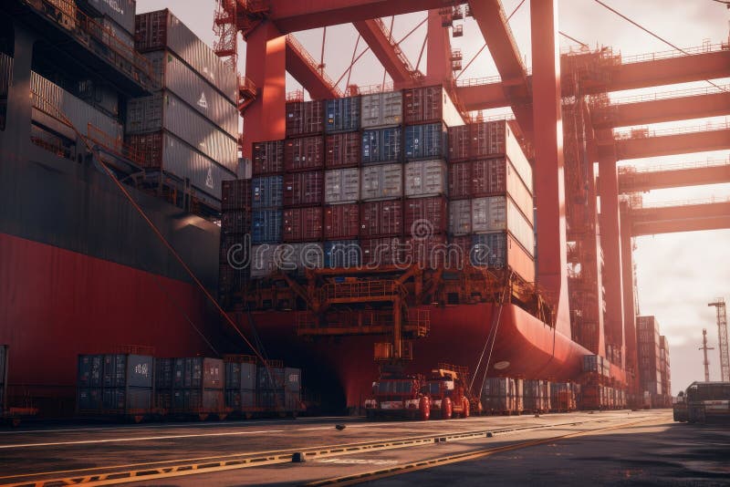 View from the Ground To a Huge Port Crane Loading Container Ship ...