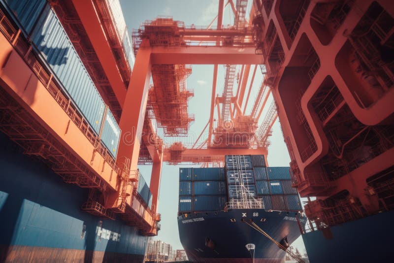 View from the Ground To a Huge Port Crane. Loading Containers from a ...