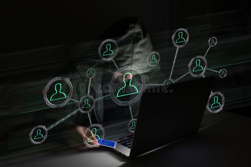 Hacker Man in the Dark Using Computer To Hack Data and Information System Stock Illustration ...