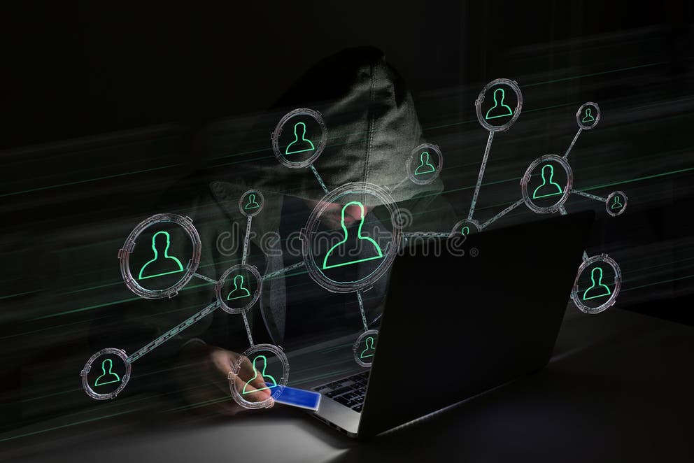 Hacker Man in the Dark Using Computer To Hack Data and Information System Stock Illustration ...