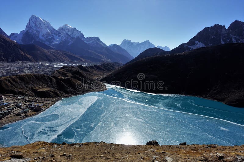 View of a Half-frozen Gokyo Lake from Gokyo Ri Stock Image - Image of ...