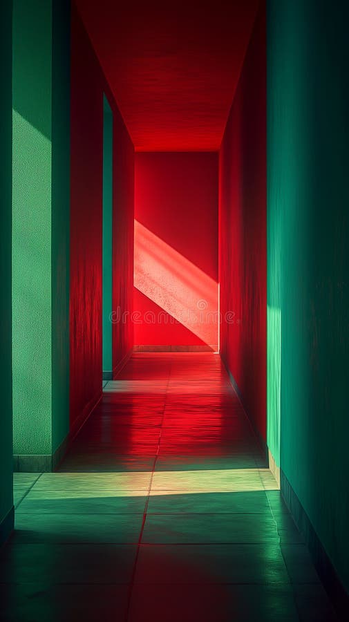 A View of a Hallway with a Red Light Coming through the Door Stock ...