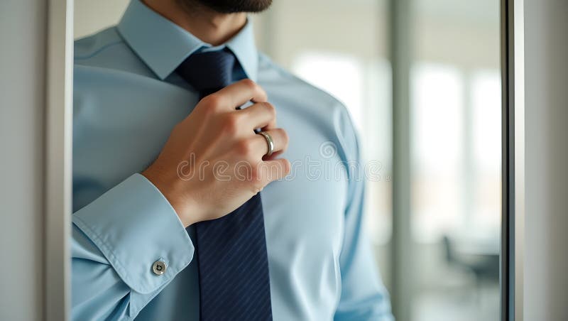 A Hand Adjusting a Tie in a Minimalist Office Mirror Stock Illustration ...
