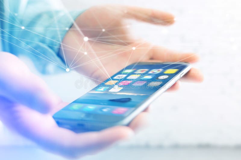 Hand Holding Smartphone with Operating System Screen and Network Stock ...