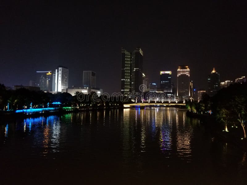 View of Hangzhou at Night with Lights Reflection in the Lake. China ...
