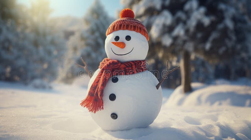 View of Happy Snowman in Winter Scenery with Copy Space Created Using ...