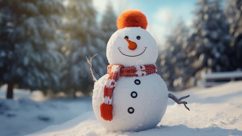 View of Happy Snowman in Winter Scenery with Copy Space Created Using ...