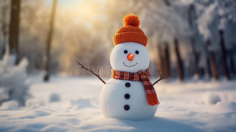 View of Happy Snowman in Winter Scenery with Copy Space Created Using ...