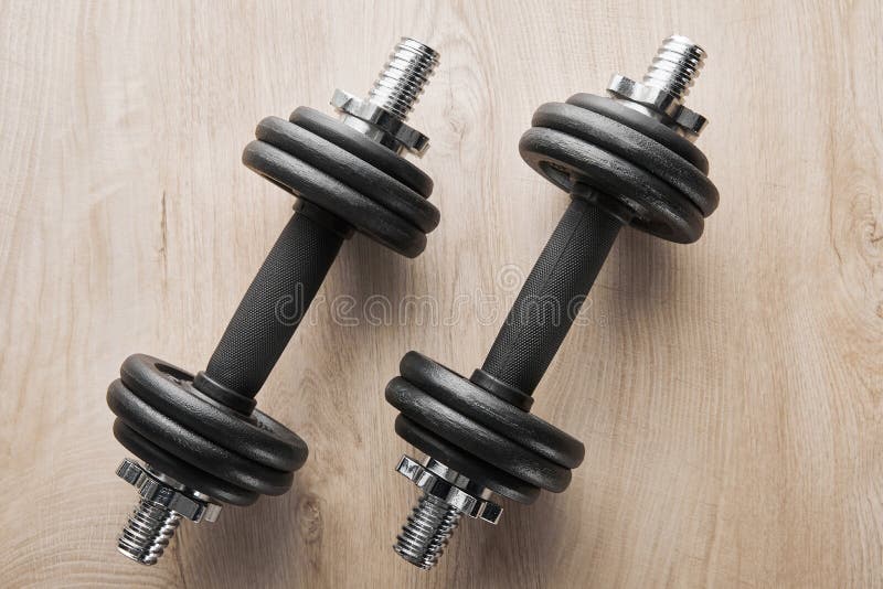 View of Heavy Dumbbells on Wooden Stock Photo - Image of fitness ...