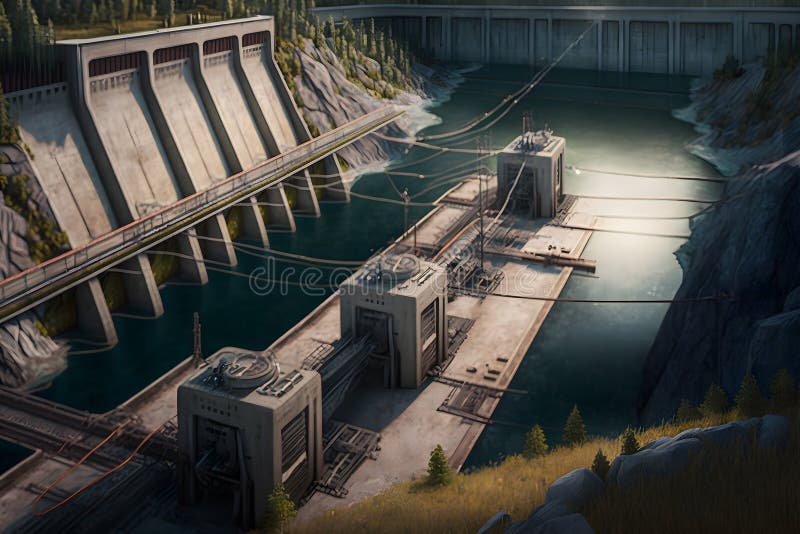 View from Height on Hydroelectric Power Station. Neural Network AI ...