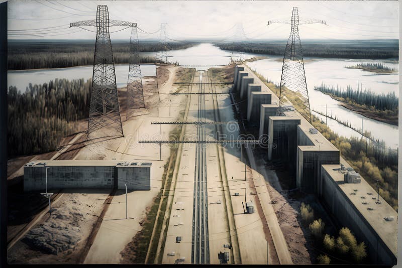 View from Height on Hydroelectric Power Station. Neural Network AI ...