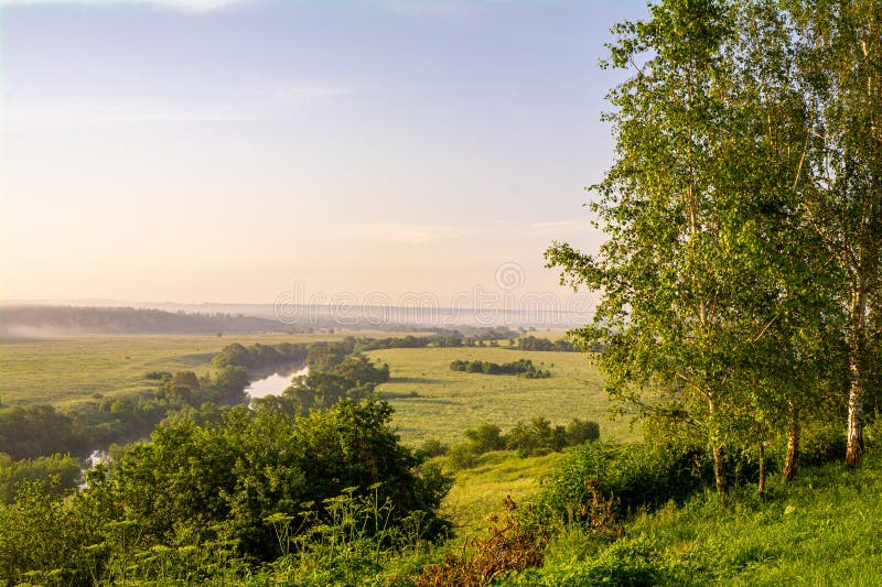 View from the High Bank of the River on Fields and Forests Stock Photo ...