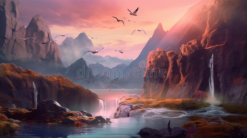View of High Mountain with Waterfall and Birds Stock Illustration ...