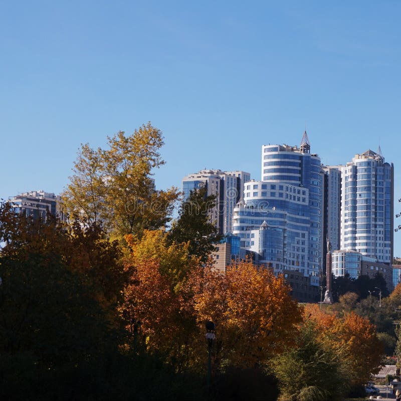 View of High-rise Buildings on the Mountain. Autumn Landscape. Stock ...