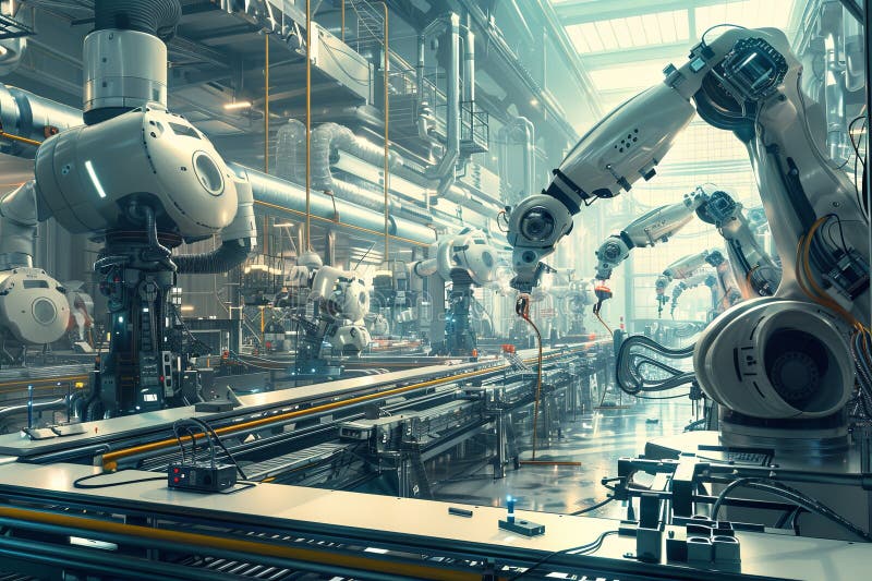 A View of a High-tech Manufacturing Plant with Multiple Robotic Arms ...