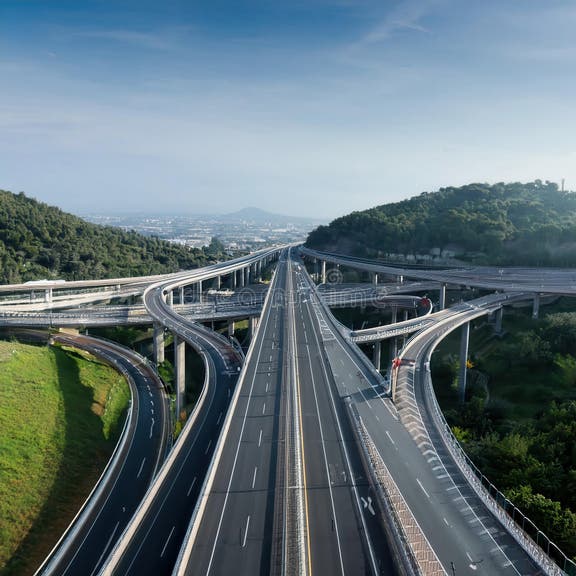 View of a Highway with Three Branching Paths Surrounded by Greenery and ...