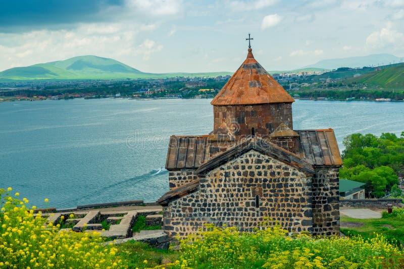 Sevanavank and lake Sevan stock image. Image of cross - 31001021
