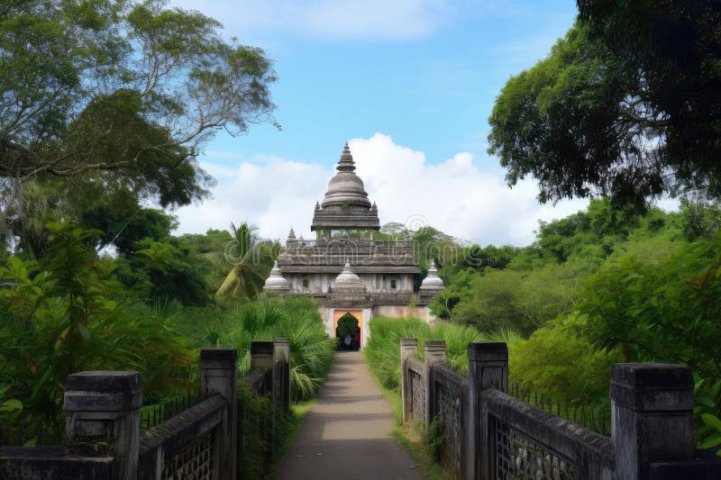 View of Hindu Temple, with Gate and Dome in the Distance, Surrounded by ...