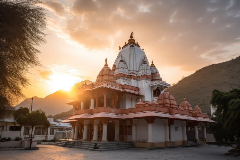 View of Hindu Temple, with the Sun Setting in the Background, Casting a ...