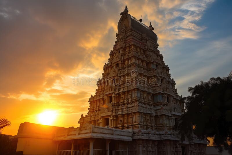 View of Hindu Temple with the Sun Setting in the Background, Creating a ...