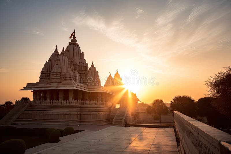 View of Hindu Temple with the Sun Setting in the Background, Creating a ...