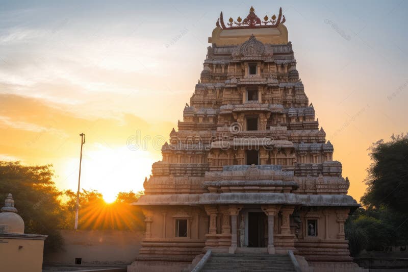 View of Hindu Temple with the Sun Setting in the Background, Creating a ...