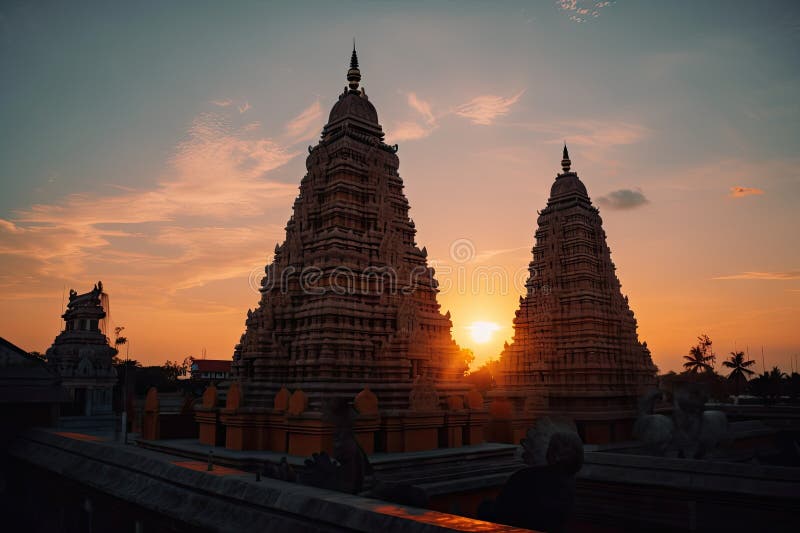 View of Hindu Temple, with the Sun Setting Behind it Stock Illustration ...