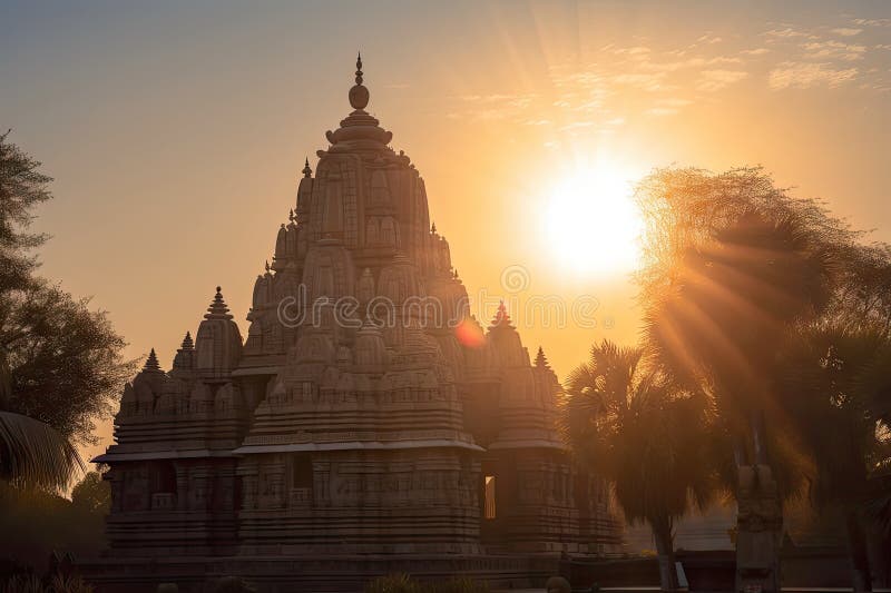 View of Hindu Temple, with the Sun Setting Behind it Stock Illustration ...