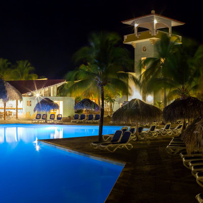 View of Hotel and Swimming Pool at Night Stock Image - Image of ...