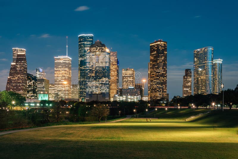 View of the Houston Skyline at Night from Eleanor Tinsley Park, in ...