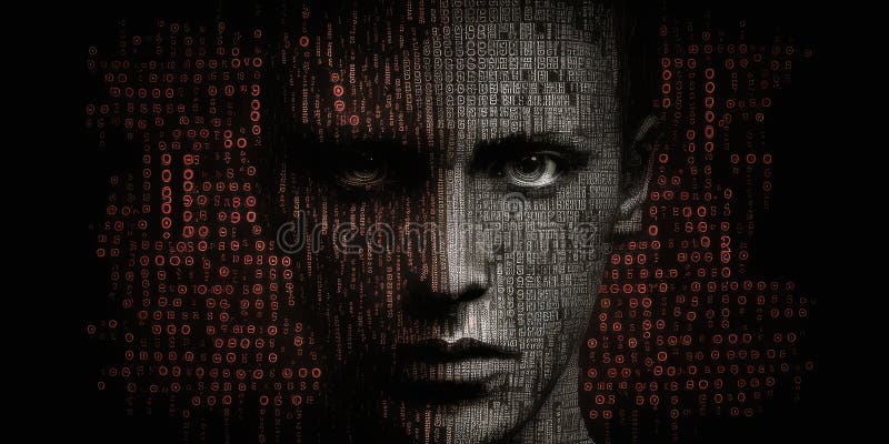 The View of Human Face Paint with Binary Code on Face in the Dark Room ...