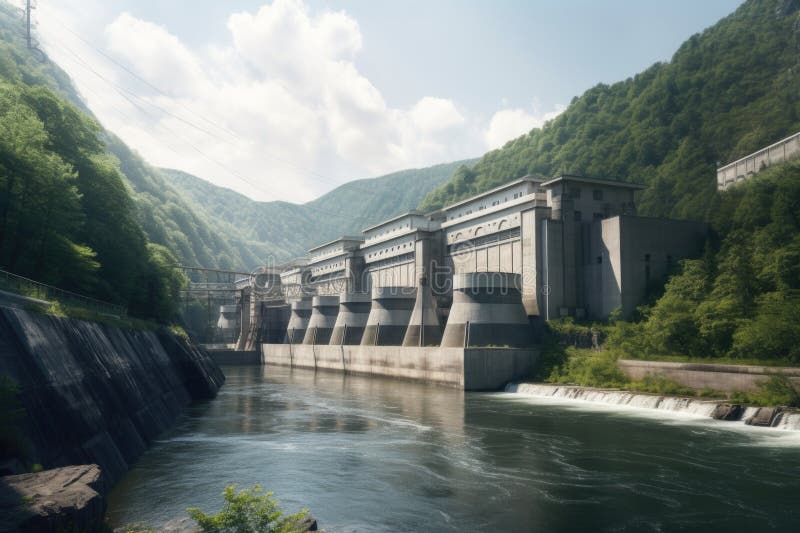 View of Hydroelectric Power Plant, with Towering Turbines in the ...