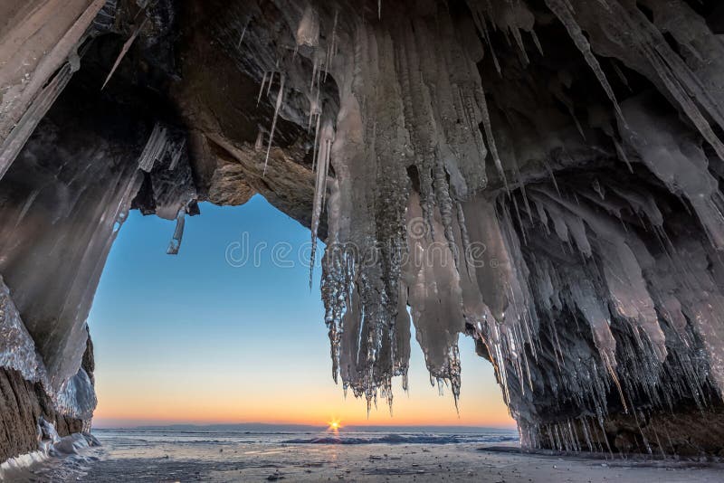 View from the Ice Grotto at Sunrise Stock Photo - Image of icecle, blue ...