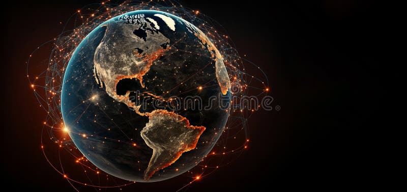 View of Illuminated Earth Showing Flow of Information, Network ...