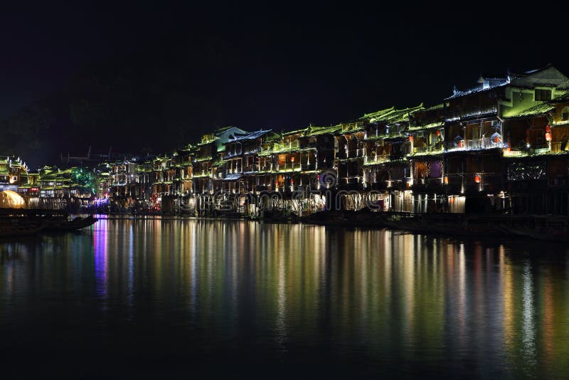View of Illuminated Riverside Houses in Fenghuang Stock Image - Image ...