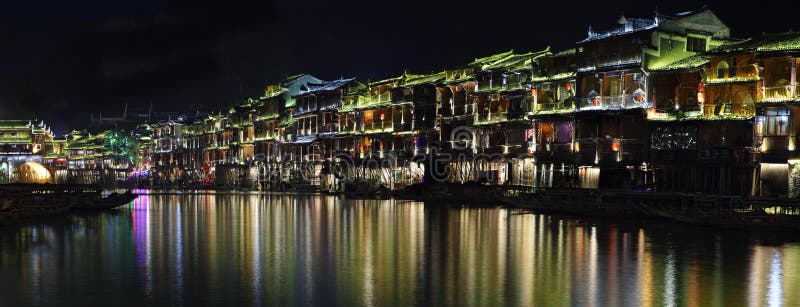 View of Illuminated Riverside Houses in Fenghuang Stock Photo - Image ...
