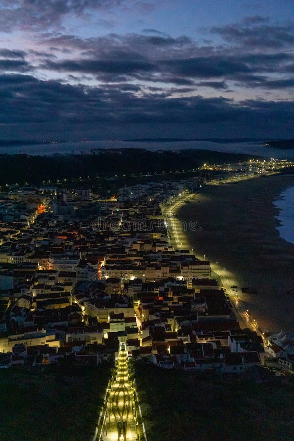View of the Illuminated Streets of Nazare from the Lighthouse Stock ...