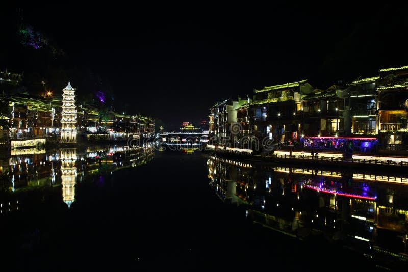View of Illuminated Wanming Pagoda in Fenghuang, Stock Photo - Image of ...