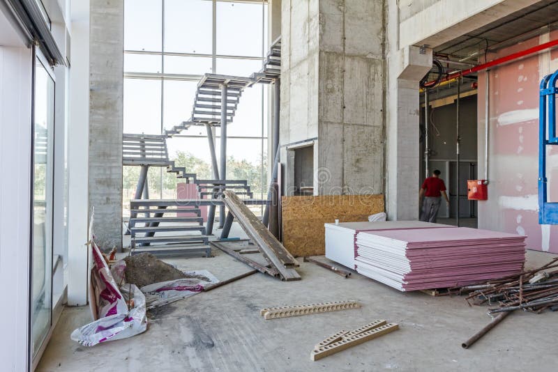 View on Indoor Construction Site of Unfinished Modern Large Show Stock ...