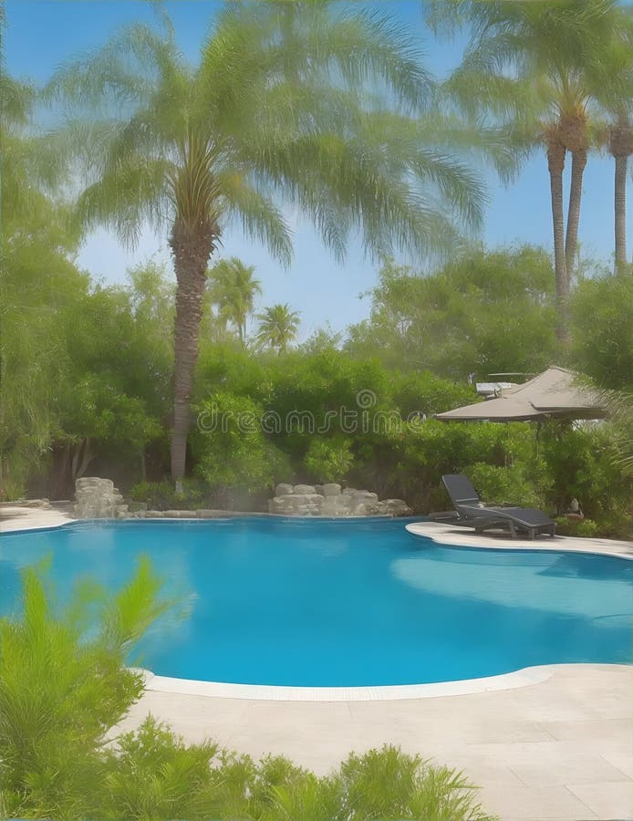 View of Indoor Swimming Pool and Palm Trees Illustration Stock ...