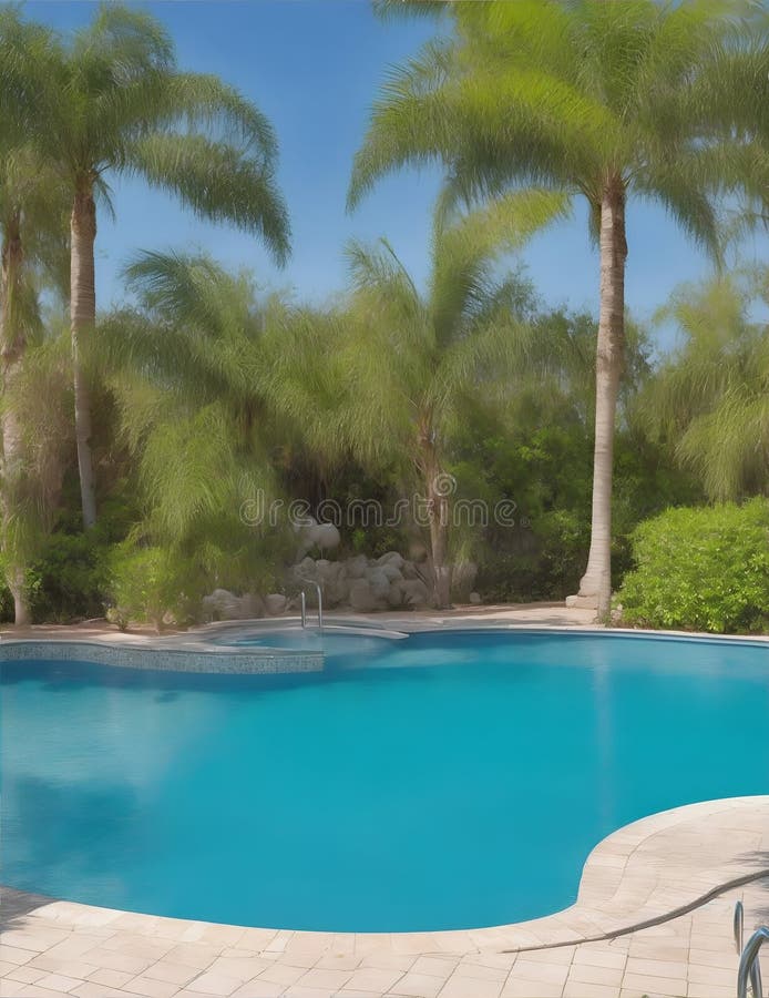 View of Indoor Swimming Pool and Palm Trees Illustration Stock ...