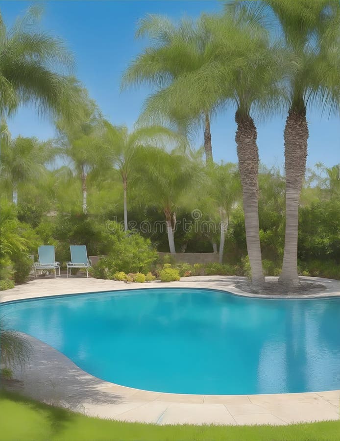 View of Indoor Swimming Pool and Palm Trees Illustration Stock ...