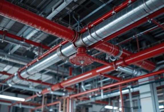Industrial Ceiling with Red Pipes and Silver Ductwork System Stock ...