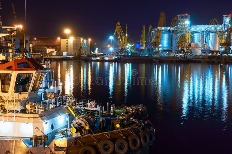 View of the Industrial Port at Night - Ships Waiting for Loading and ...