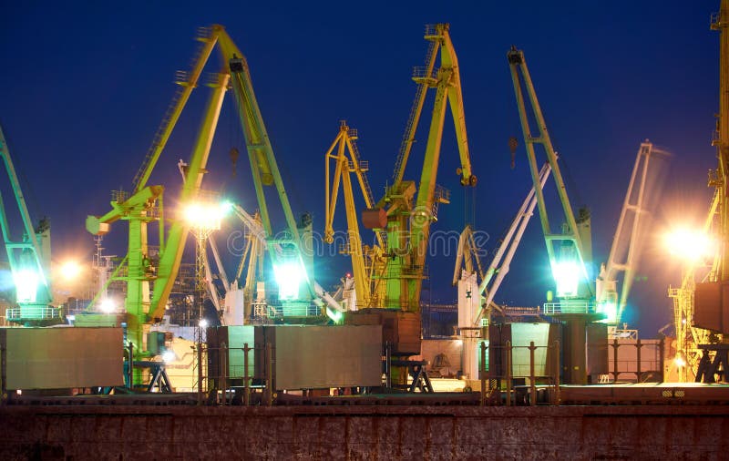 View of the Industrial Port at Night - Ships Waiting for Loading and ...