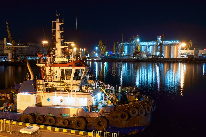 View of the Industrial Port at Night - Ships Waiting for Loading and ...
