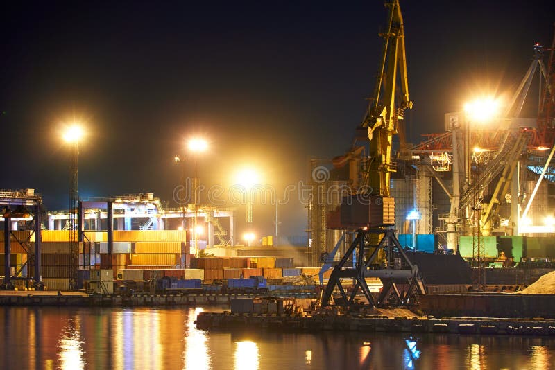 View of the Industrial Port at Night - Ships Waiting for Loading and ...