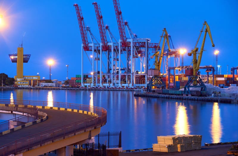 View of the Industrial Port at Night - Ships Waiting for Loading and ...