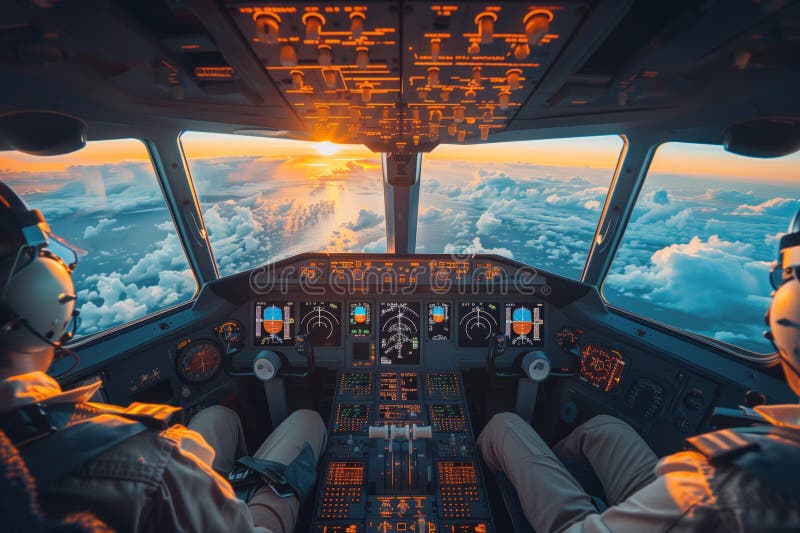Pilots Flying Above the Clouds at Sunset in Airplane Cockpit Stock ...